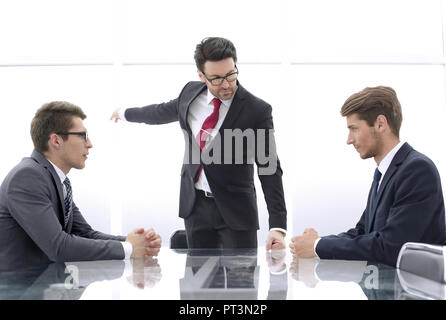 angry boss points an incompetent employee to the doo Stock Photo - Alamy