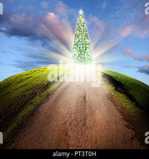 Conceptual image of road and decorated shiny Christmas tree over cloudy ...