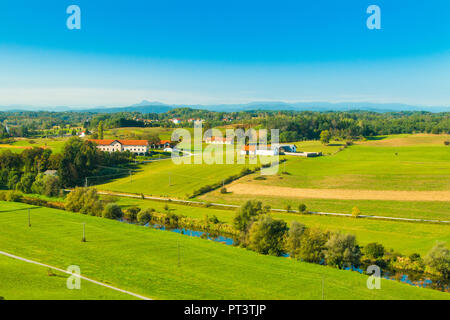 Croatian farmlands in countryside, panoramic view of river Dobra in ...