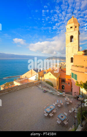 Main square with the tower bell of Cervo, Imperia province, Liguria ...