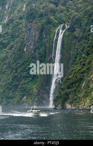 Stirling Falls waterfall in Milford Sound in New Zealand, viewed from ...