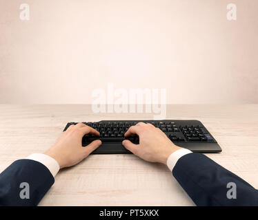 First person view of an elegant businessman hand typing with connected ...