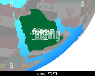 Arabia with embedded national flag on blue political globe. 3D ...