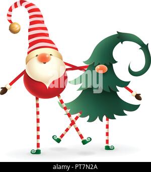 Two gnomes in Santa Claus hats, Christmas tree, gifts. Christmas card ...