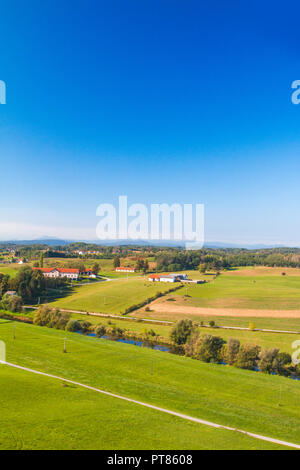 Croatian farmlands in countryside, panoramic view of river Dobra in ...