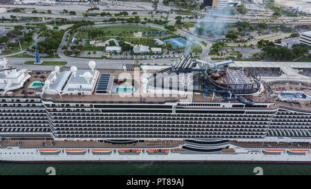 Aerial view of MSC Seaside super Cruise ship at Miami, Florida Stock ...