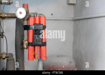 Dynamite sticks with time igniter. Explosive material with ignition ...