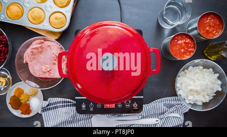 Step by step. Top view. Cooking turkey chili in enameled cast iron ...
