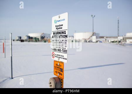 A warning sign for the Keystone Pipeline outside of TransCanada ...