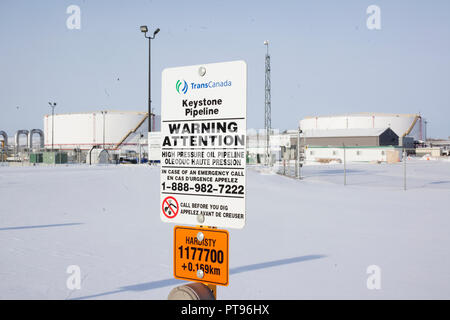 A warning sign for the Keystone Pipeline outside of TransCanada ...