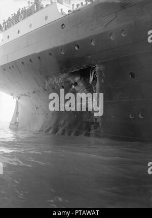 Hole torn in the hull of 'RMS Olympic' after the collision with 'HMS ...