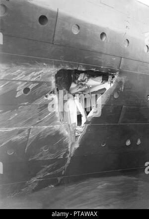 Hole torn in the hull of 'RMS Olympic' after the collision with 'HMS ...