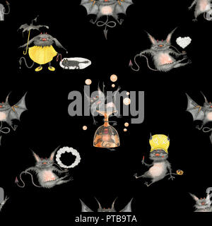 Watercolor seamless pattern for Halloween. The little devils and ...