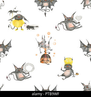 Watercolor seamless pattern for Halloween. The little devils on a black ...