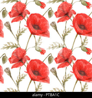 Watercolor botanical illustartion. Red Poppies on a black. Seamless ...