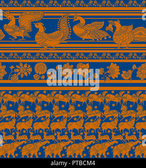 Kalamkari design made using two colors and motifs of birds flowers and ...