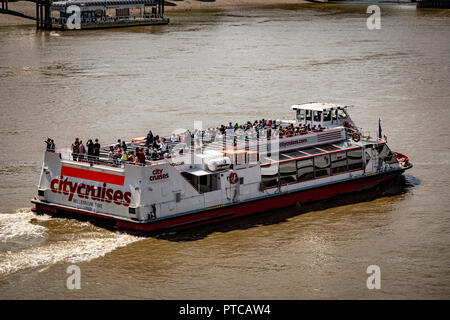 River Thames tour boat Waterloo Bridge and City of London skyline Stock ...