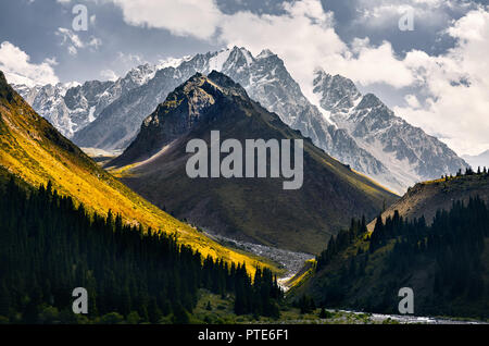 View of the beautiful Left Talgar mountain valley with river, rocks and ...