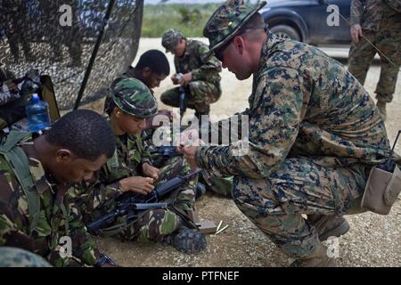 A Belize Defence Force soldier shows multinational forces how to trap ...