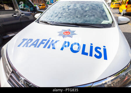 Police car from the turkish police Trafik Polisi stands on a street ...