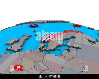 EFTA countries with embedded national flags on globe. 3D illustration ...