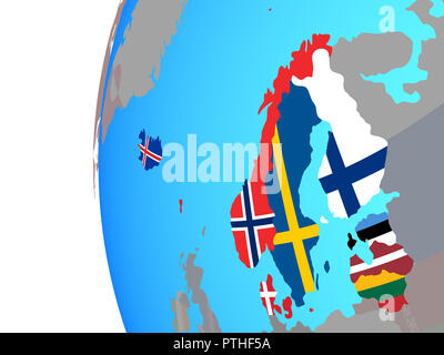 Northern Europe with embedded national flags on globe. 3D illustration ...