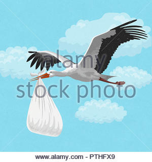 Stork flying in the sky, delivering newborn baby child Stock Photo ...