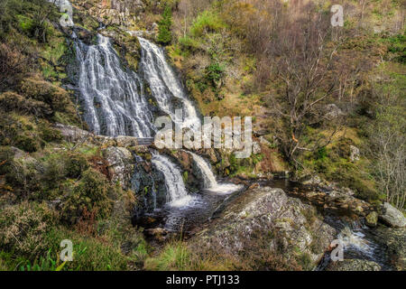 Waterfall Pistyll Rhyd-y-meinciau showing middle section on Afon (river ...