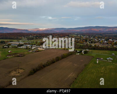Aerial of the small town of Elkton, Virginia in the Shenandoah Valley ...