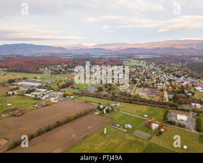 Aerial of the small town of Elkton, Virginia in the Shenandoah Valley ...