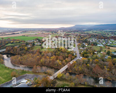 Aerial of the small town of Elkton, Virginia in the Shenandoah Valley ...