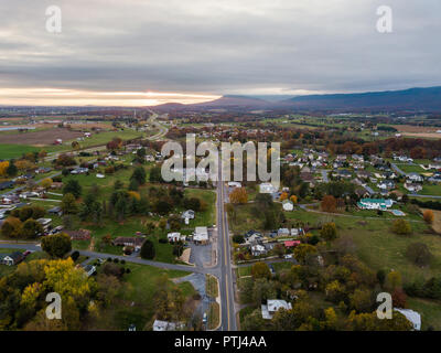 Aerial of the small town of Elkton, Virginia in the Shenandoah Valley ...