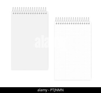 Wire bound grid lined notebook, realistic vector mockup. Metal spiral binding note book, mock up ...