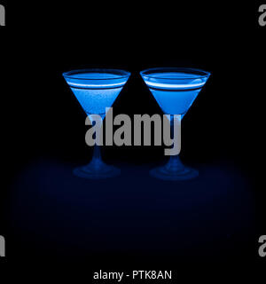 Glowing blue tonic water, quinine, as used in gin and tonic emmits ...