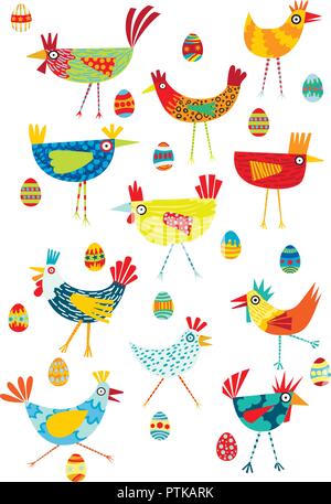 Cute farm animals chickens with spring landscape. vector cartoon ...