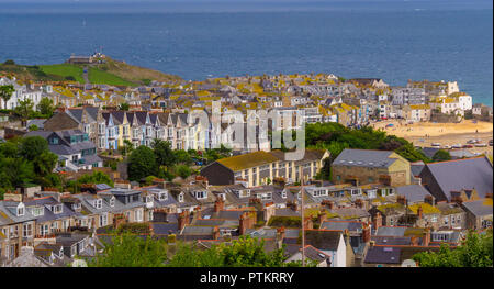 Aerial view over St Ives - a beautiful and famous town in Cornwall ...