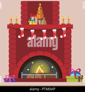 With gift christmas fireplace on of cartoon table Stock Vector Image ...