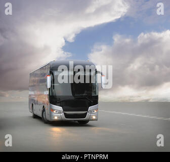 Modern White Transit Bus Driving Through Tropical Urban Streets ...