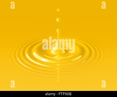 Yellow paint drop splashing and making ripple. 3D illustration. Yellow ...