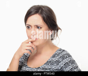 beautiful woman trying to remember something with face expression on ...