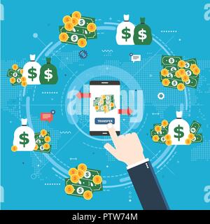 Smartphone global money transfer icon. Outline smartphone global money ...