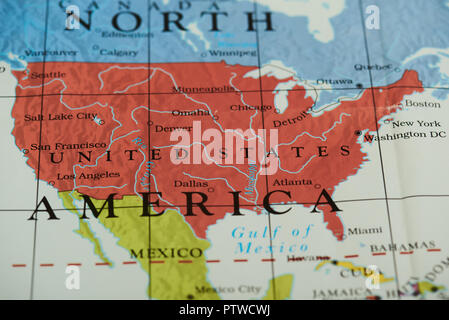 World map focus United States, blur map and selective focus on red pin ...