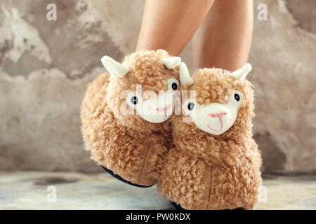 feet female wearing llama trendy slippers soft pastel colours beige ...