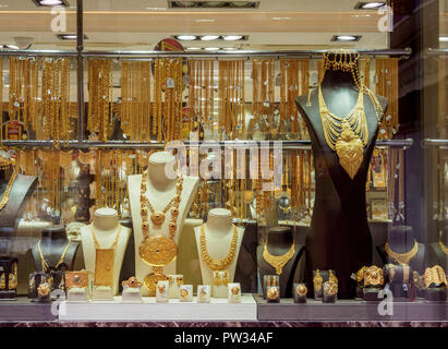 Window display of gold jewellery in Gold Souk in Deira Dubai United ...