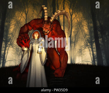 Monster creature woman in creepy forest,3d illustration for book ...