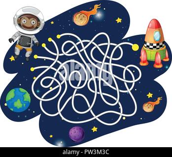Space labyrinth maze find astronaut, rocket and Earth planet. Kids ...