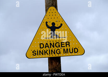 A sign warning of dangerous soft mud on the beach in Weston-super-Mare ...