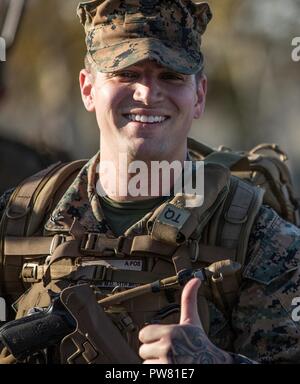 A U.S. Marine participates in a body composition assessment on Aug. 22 ...