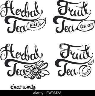 Tea party calligraphy hand lettering on tea pot. Vector template for ...
