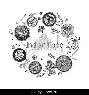 Hand drawn sketch style Indian food isolated on black background ...